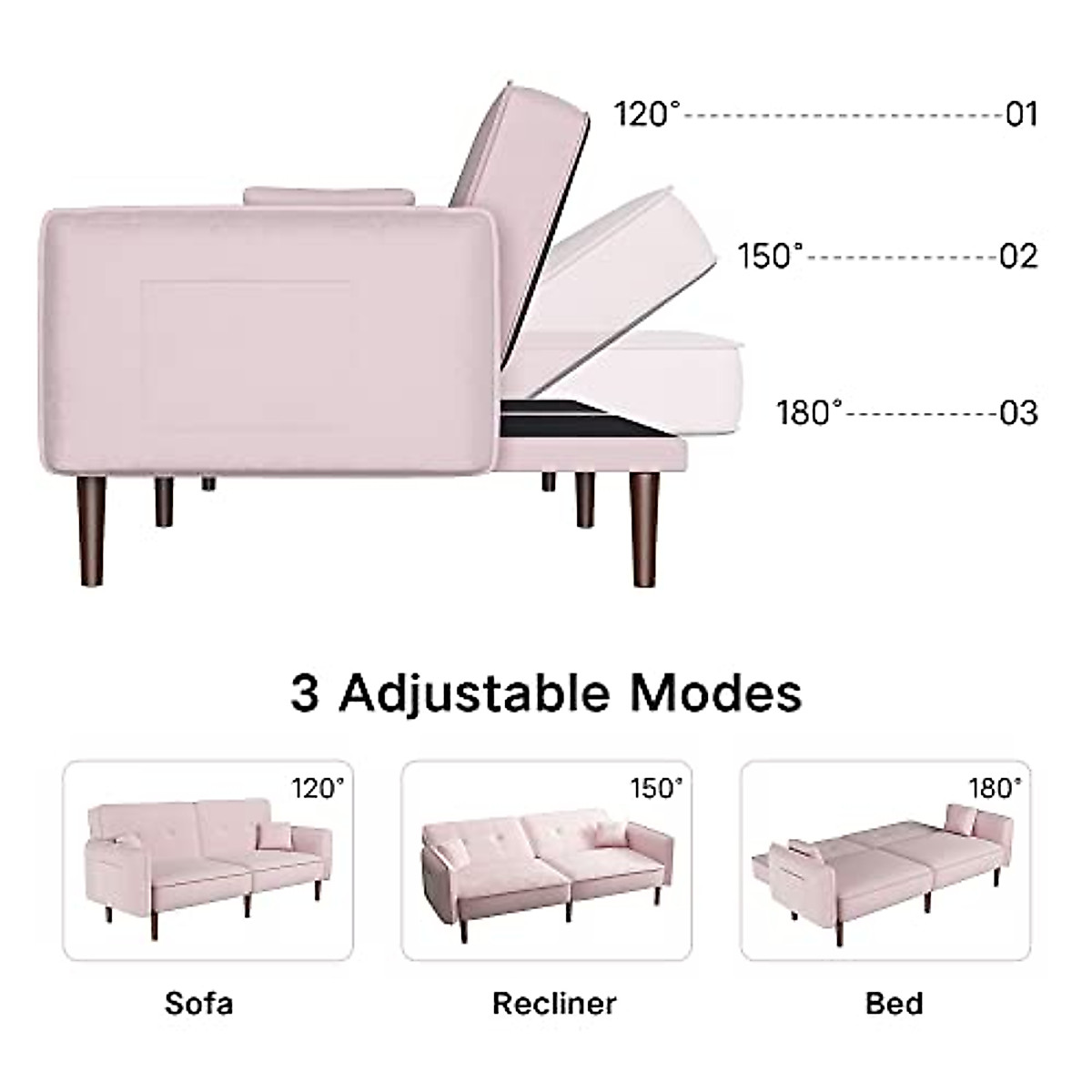 Sofa Bed, HABITTRIO 75" Modern Pink Fabric Upholstered 3-Seater Sleeper Couch with Adjustable Splict-Back Design, 2 Side Pockets, 2 Toss Pillows, Fit for Small Living Room, Apartment