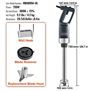 VEVOR Commercial Immersion Blender, 750W 16" Heavy Duty Hand Mixer, Variable Speed Kitchen Stick Mixer with 304 Stainless Steel Blade, Multi-Purpose Portable Mixer for Soup, Smoothie, Puree, Baby Food
