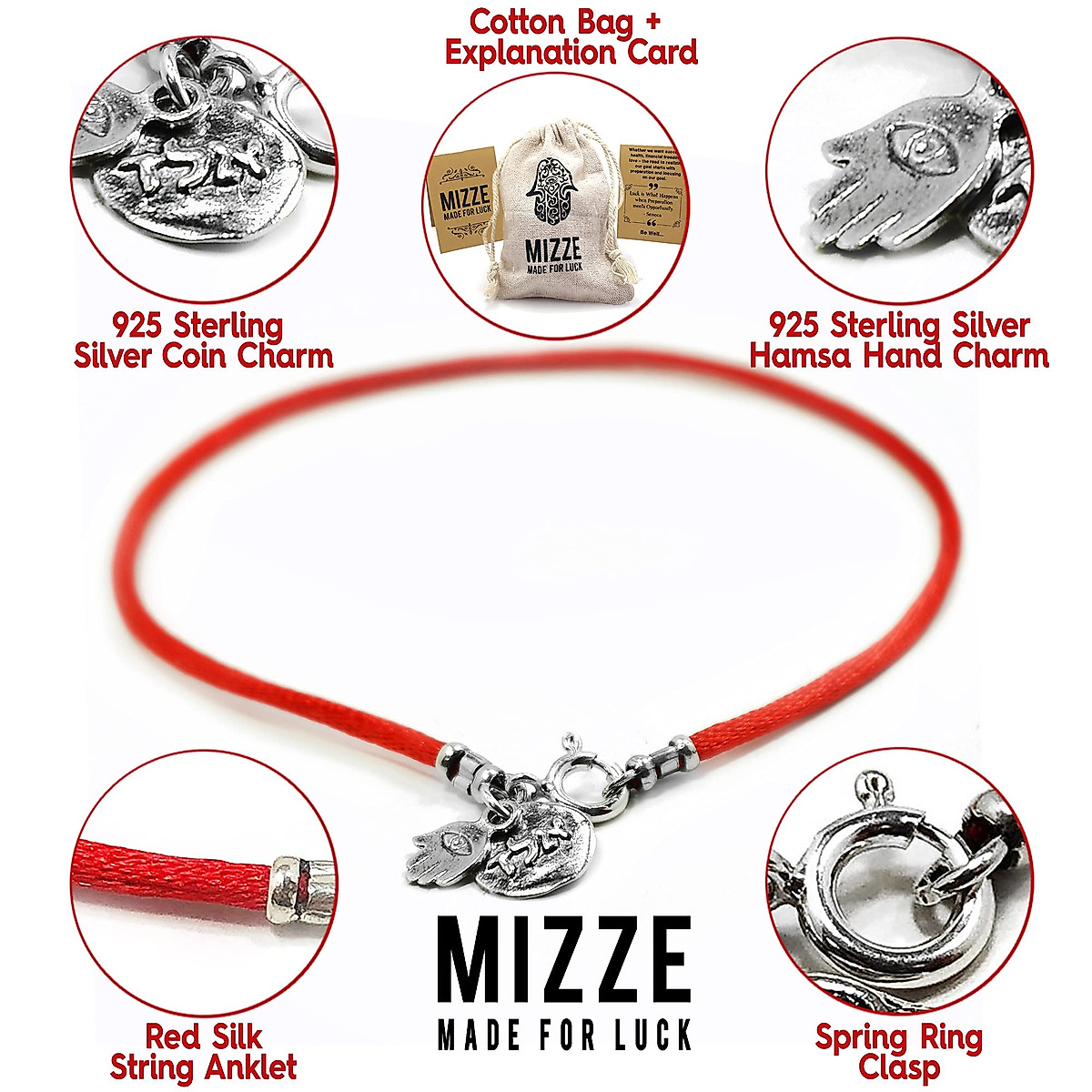 Red Protection & Positive Energy Anklet for Women on Silk String - Sterling Silver Coin Charm & Hamsa Hand Ankle Bracelet for Protection - 9.5" Length with Spring Ring Clasp