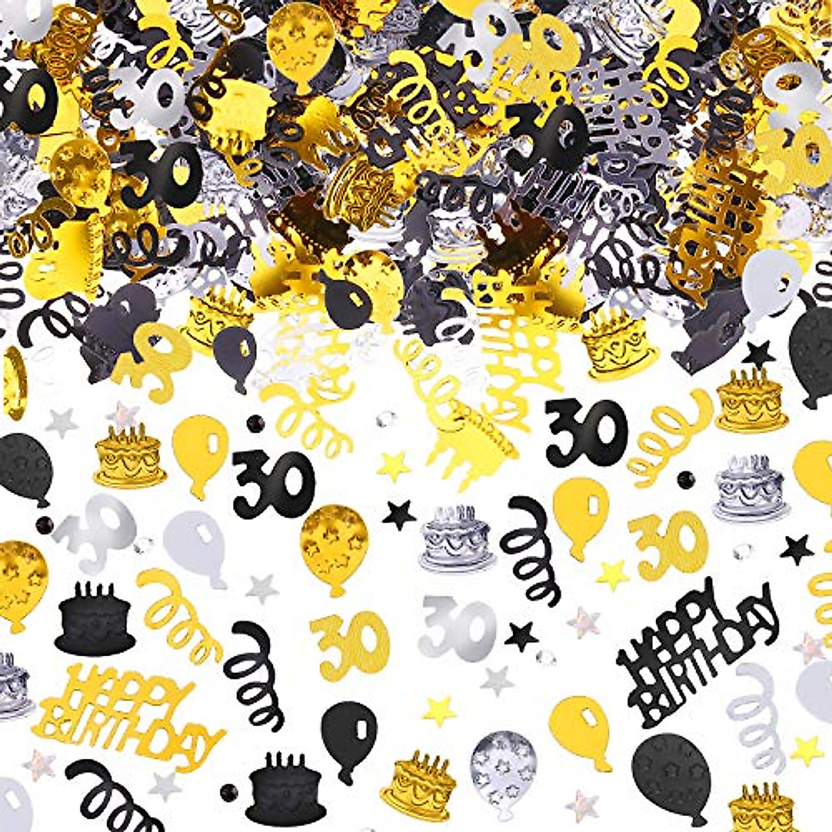 3000 Pieces 30th Happy Birthday Confetti Number 30 Birthday Cake Confetti Metallic Foil Balloon Confetti Table Scatters Decorations for Birthday Party Anniversary Wedding (Gold, Silver and Black)