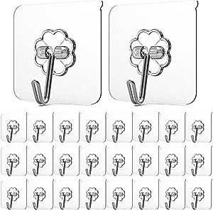 SIAWASE Adhesive Hooks, 22lb(MAX)Heavy Duty Transparent Wall Hooks,Nail Free Sticky with Stainless Hooks,Waterproof,Suitable for Kitchen,Bathroom,Home and Office-24PCS