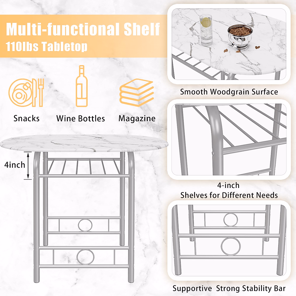 JUMMICO 3-Piece Wooden Round Table & Chair Set, Space Saving Kitchen Breakfast Nook Wood Grain Tabletop with Metal Frame and Built-in Wine Rack for Kitchen, Dining Room (White/Silver)
