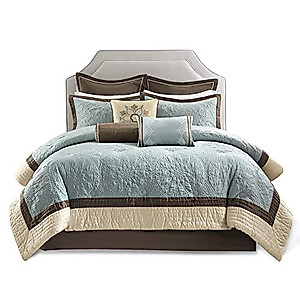 Madison Park Cozy Comforter Set Casual Modern Design All Season, Matching Bed Skirt, Decorative Pillows, King (104 x 92 in), Blue, 9 Piece