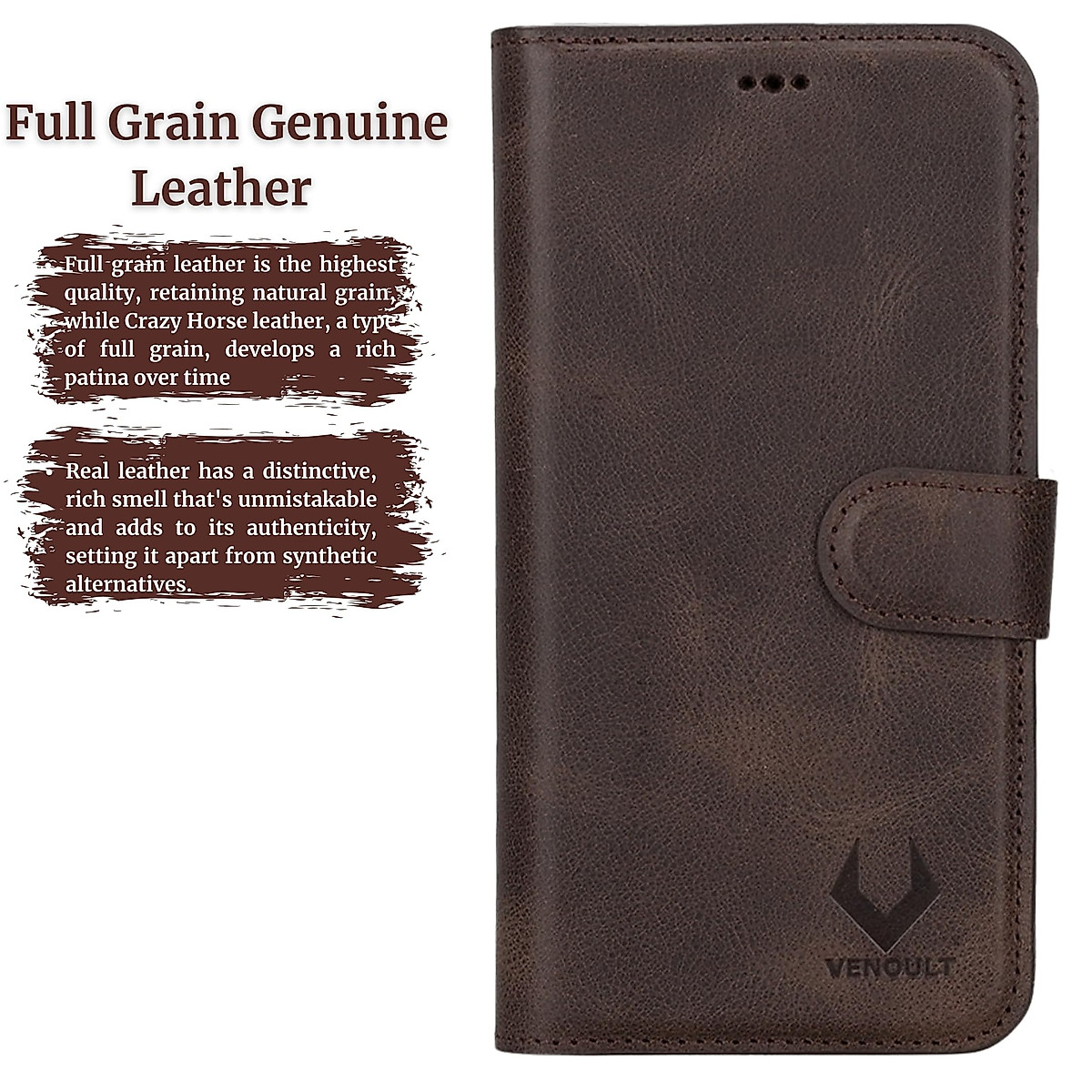 VENOULT Detachable Leather Wallet Case for iPhone 15 Pro, Man or Women Folio Cover, Compatible with Magsafe, RFID, Genuine Leather Card Holder Flip Case, Kick Stand (Chocolate Brown)