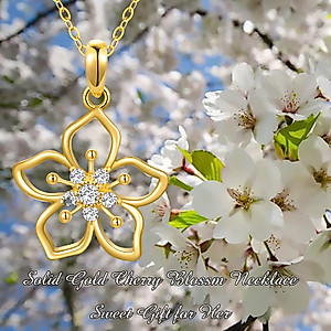 Rikelus 14k Real Gold Cherry Blossom Necklace for Women,Yellow Gold flower Pendant Necklace with moissanite Gifts for Birthday Christmas 16+2 inch