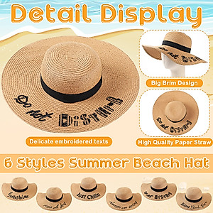 Sureio 6 Pcs Beach Hat for Women Summer Floppy Hat Embroidered Foldable Sun Hat Large Brim Adjustable Straw Hats for Women Vocation Travel