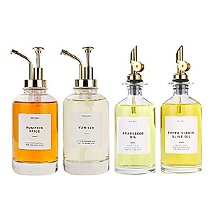 Molimoli Coffee Syrup Dispenser for Coffee Bar | Olive Oil Dispenser Bottle | Glass Syrup Bottle w. Pump | Glass Olive Oil Bottle - 2 Oil Bottles 350ml & 2 Syrup Bottles 500ml Gold