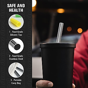 8 Piece 5/16 inch (8mm) Wide Straight Stainless Steel Straws for Travel 40oz Tumblers, 12 Inch Long Reusable Metal Straws, Replacement Straws with Silicone Tips & Cleaning Brush, Silver