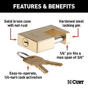 CURT 23546 Brass Trailer Tongue Coupler Lock, 1/4-Inch Pin Diameter, Up to 3/4-Inch Span