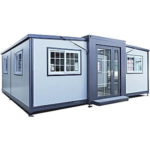 Generic Portable Prefabricated Tiny Home 19x20ft, Mobile Expandable Plastic Prefab House for Hotel, Booth, Office, Guard House, Shop, Villa, Warehouse, Workshop, grey blue