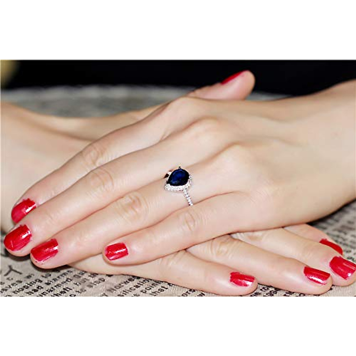 Uloveido Unique Sterling Silver Solitaire Rings, Pear Shape Navy Blue Cubic Zirocnia Halo Rings, Fashion Women Wedding Engagement Jewelry (Blue, Size 7) JZ116