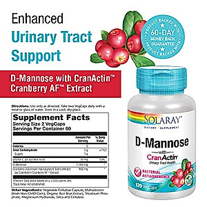 SOLARAY D-Mannose with CranActin Cranberry Extract 1000mg | for Normal, Healthy Urinary Tract Support | with Vitamin C | Non-GMO & Vegan | 120 Count | 2 pk