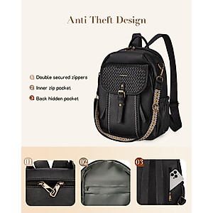 Missnine Leather Backpack Purse for Women, Anti-theft Backpack, Convertible Shoulder Bag with Secured Zippers for Travel Work, Black