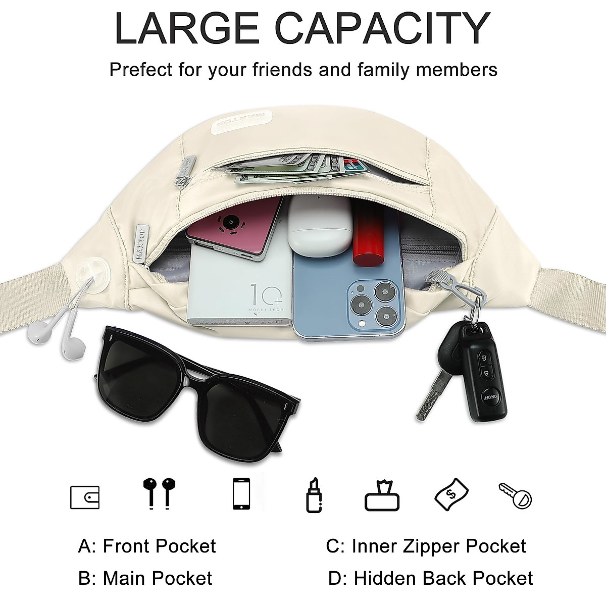 MAXTOP Large Crossbody Fanny Pack with 4-Zipper Pockets,Gifts for Enjoy Sports Festival Workout Traveling Running Casual Hands-Free Wallets Waist Pack Phone Bag Carrying All Phones…