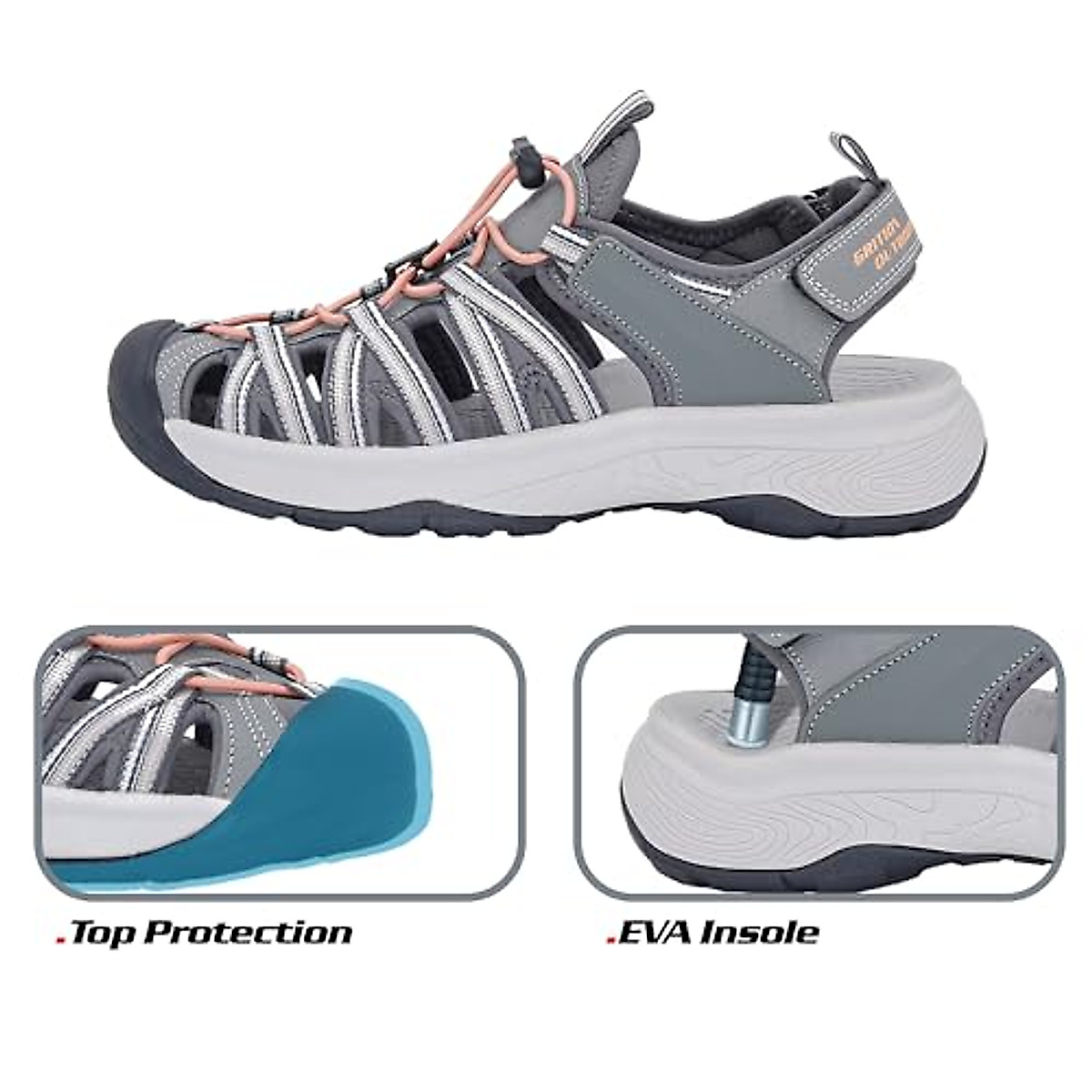 GRITION Womens Hiking Sandals, Ladies Closed Toe Walking Athletic Outdoor Sandles Comfort Adjustable Sport Beach Water Shoes Summer Grey (6.5 US / 37 EU)