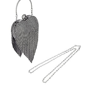 Sither Rhinestone Tassel Handbag Purses for Women Evening Handbag Purses Heart Shape Clutch Purses Sparkly Clutches Shoulder Chain Bags for Party Prom Christmas Gift (black)