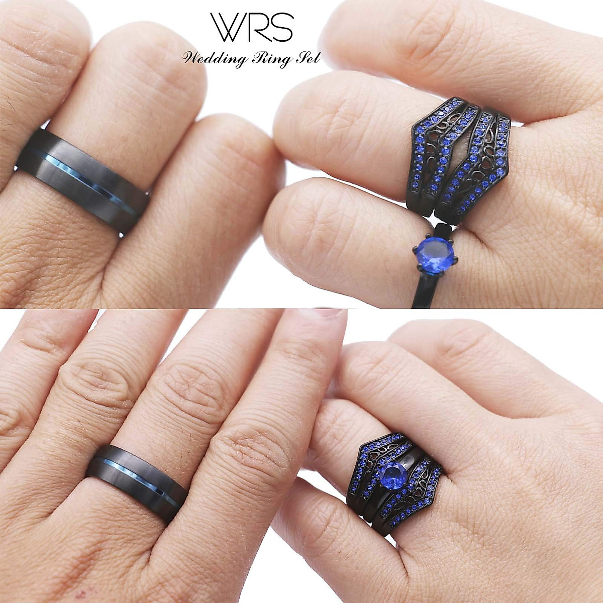 Two Rings His Hers Wedding Ring Sets Couples Matching Rings Women's 2pc Black Gold Plated Blue CZ Wedding Engagement Ring Bridal Sets Men's Tungsten Carbide Band Wedding Band