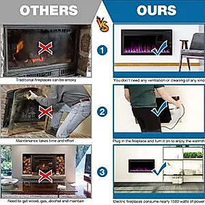 31 Inch Electric Fireplace Recessed and Wall Mounted, Fireplace Heater and Linear Fireplace, Ultra-Thin Electric Fireplace, Low Noise, with Timer, Remote Control, Adjustable 12 Flame Color, 750/1500W