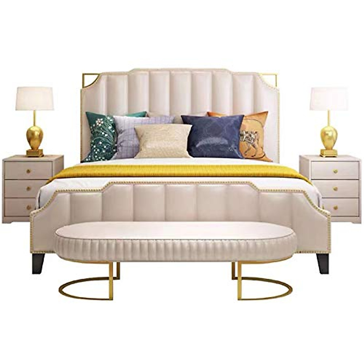 LeiJinNuo Queen Platform Bed Frame Upholstered Full Size Platform Bed Frame with Fabric Upholstered Square Stitched Headboard and Wooden Slats/Mattress Foundation/No Box Spring Needed/Easy Assembly