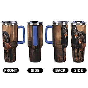 Wild Animal Mare And Foal Horse 40 Oz Car Cup Stainless Steel Travel Mug Leak-Proof Insulated Tumbler with Handle Deep Blue-style