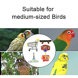 Toysructin Bird Training Toys, Bird Training Toy for Parrots Conures Parakeets, Parrot Intelligence Toy Mini Shopping Cart Basketball Stacking Rings Skateboard Stand Perch Bird Toy Set for Cockatiels