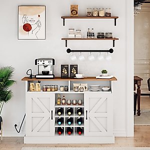 YITAHOME Farmhouse Coffee Bar Cabinet, 47" Wine Bar Cabinet Floating Shelf Hanging Rod Power Outlets, Sliding Barn Door Sideboard Buffet Cupboard Liquor Pantry for Kitchen, Dining Living Room