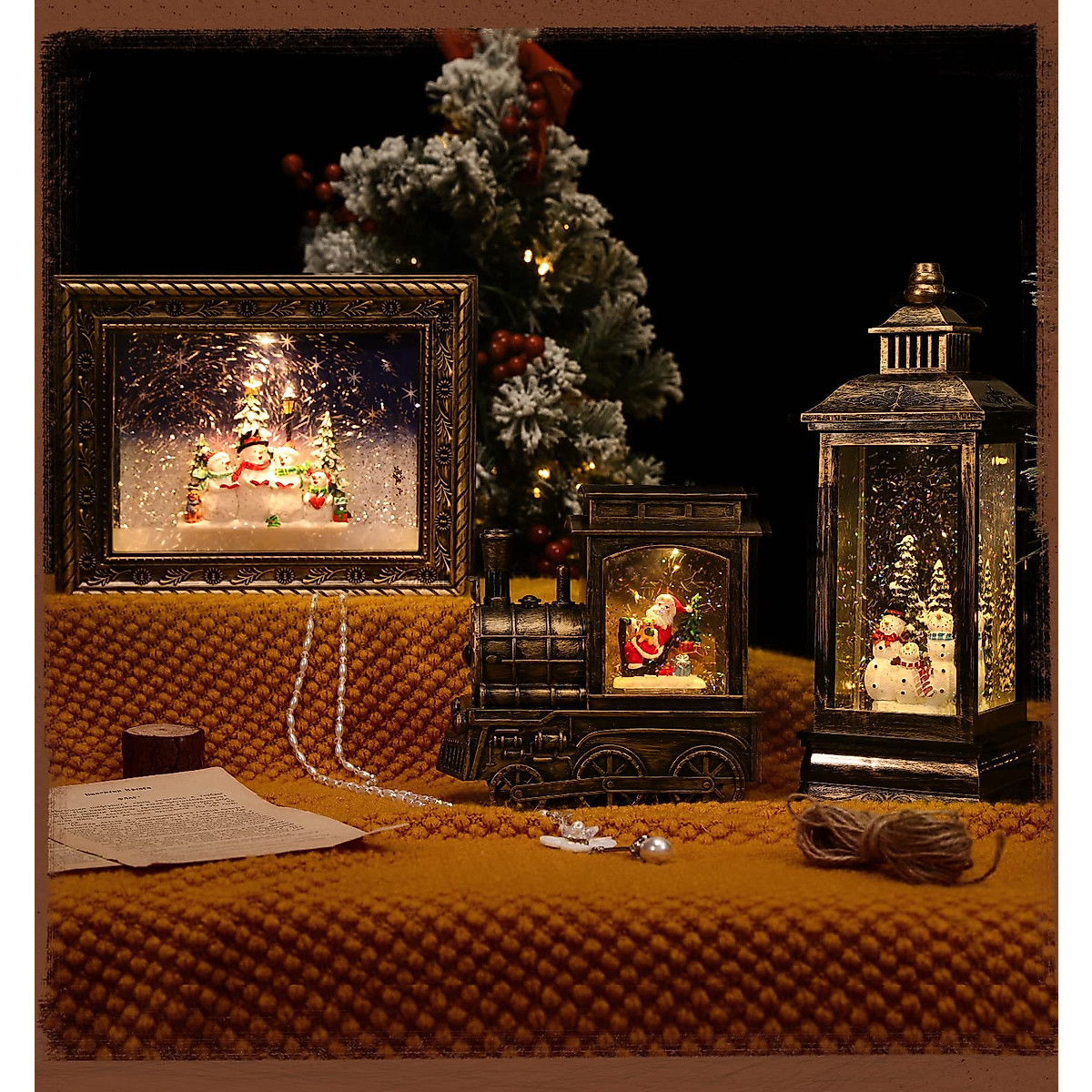 Lewondr Train Snow Globe, USB/Battery Operated Snow Globe with Snowflake Projector Water Swirling Glitter, Christmas Village Snow Globe with 6 Hour Timer, Gift for Girls Girlfriend Women, Bronze Gold