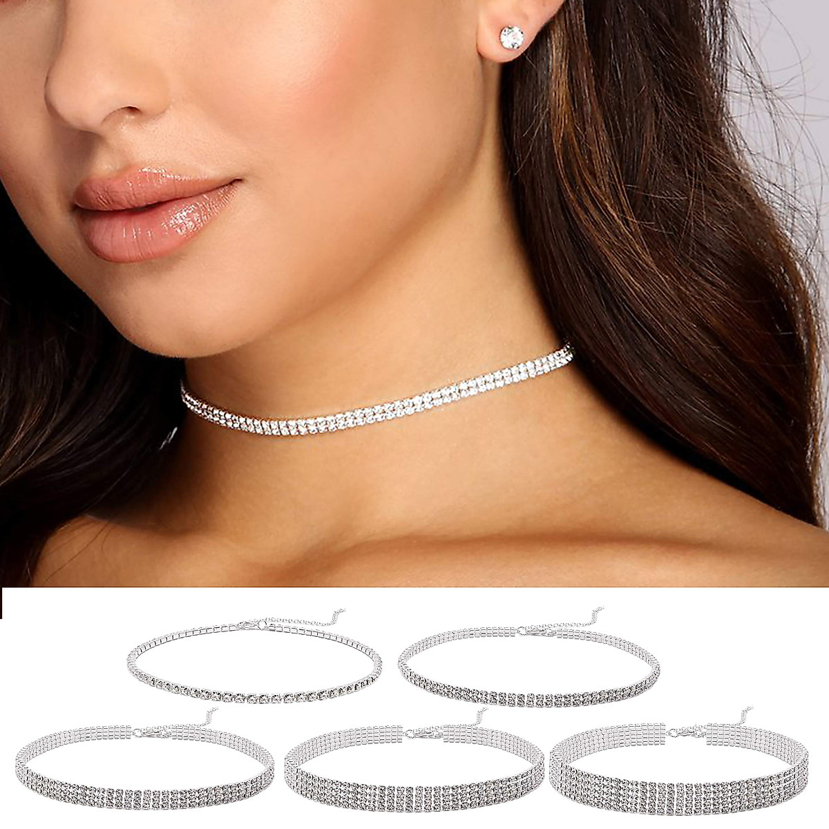 5 Pieces Silver Rhinestone Choker Necklaces for Women Dainty Diamond Choker Crystal Choker Necklaces Set Bridesmaid Jewelry