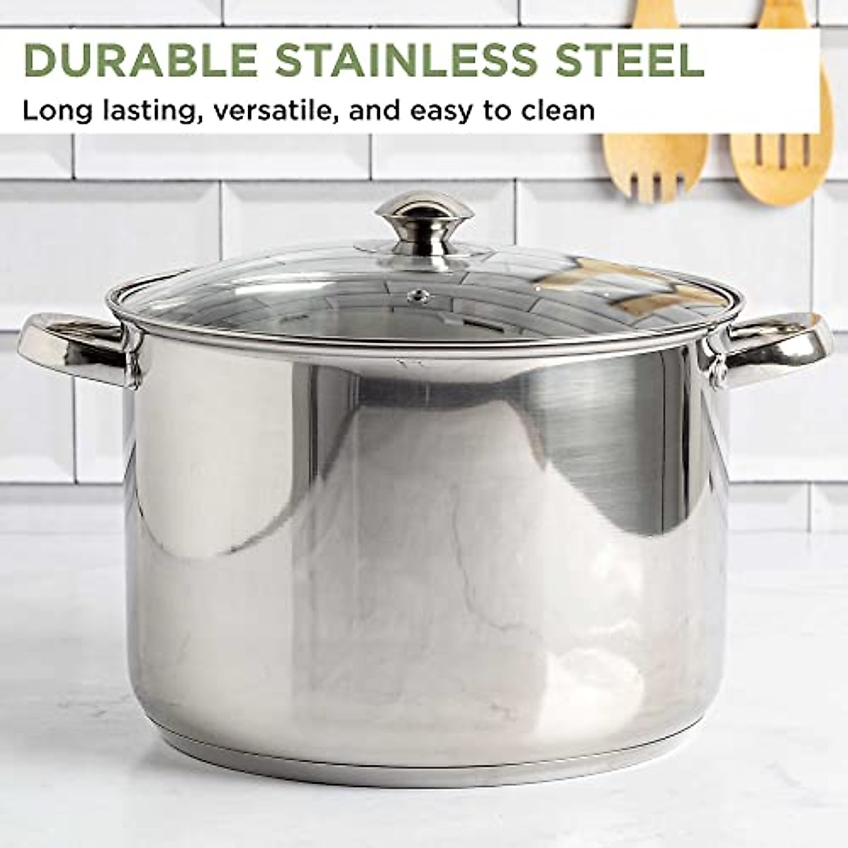Ecolution Stainless Steel Stock Pot with Encapsulated Bottom Matching Tempered Glass Steam Vented Lids, Made Without PFOA, Dishwasher Safe, 12-Quart, Silver