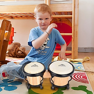 EASTROCK Hand Held Tambourine Ring 3 Packs and Bongos Drum 4”+5” Set Wood Percussion Instruments