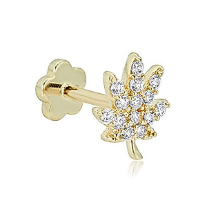 AVORA 14K Yellow Gold Simulated Diamond CZ Hemp Leaf Cartilage Piercing Flat Back Earring Body Jewelry (18 Gauge)