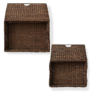 Casafield Set of 2 Water Hyacinth Rectangular Storage Baskets with Lids (Medium/Large), Multipurpose Decorative Shelf Organization Totes for Bedroom, Bathroom, Laundry, Home Office