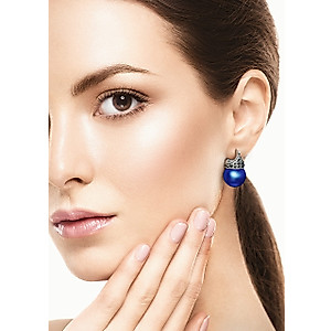 Lova Jewelry Glass Pearl & Hematite Crystal Accent Crown Shape Clip on Hook Earrings for Wedding, Bridal, Formal & Fashion (Cobalt Blue)