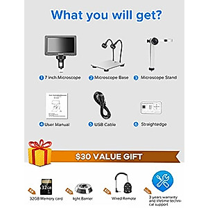 7'' Digital Microscope 1200X,Dcorn 12MP 1080P Photo/Video Microscope with 32GB TF Card for Adults Soldering Coins,Metal Stand,Wired Remote,10 LED Fill Lights,PC View,Windows/Mac Compatible