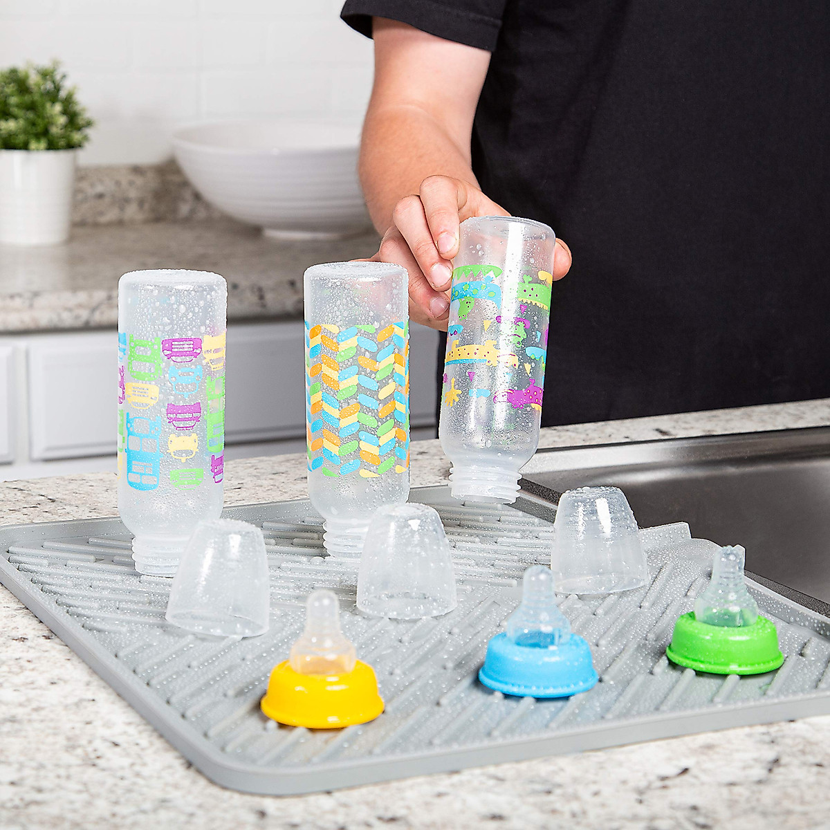 Luxet Silicone Dish Drying Mat with Built-in Drain Lip - Hygienic Drying Pad - Sturdy Compact Easy to Clean Tray Protects Surfaces Prevents Water Build Up -16.5 x 13 Inches (grey)