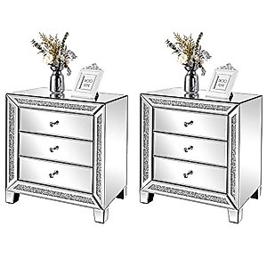 VINGLI Mirrored Nightstands Set of 2 Modern Bedside Table 3 Drawer Glass Side End Table Silver Dresser for Bedroom, 23”L x 13.8”W x 24.3”H
