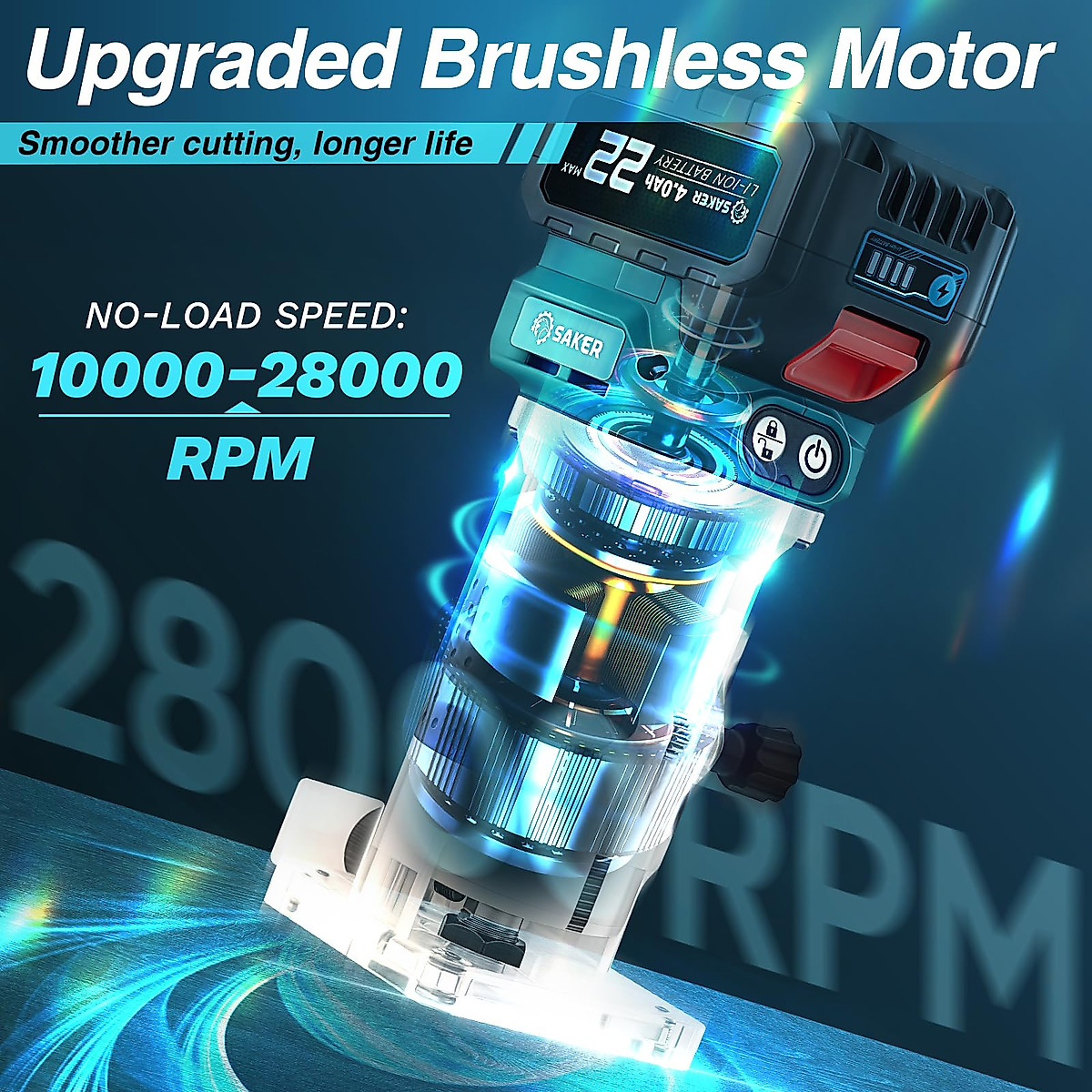 Saker Brushless Router Tool Cordless,Compact Router Tool,Wood Router for Woodworking,Lithium-Ion Brushless Motor for Edge Trimming with Adjustable Speed for DIY Projects