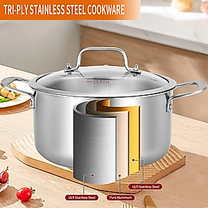 DELARLO Whole Body Tri-ply Stainless Steel StockPot 3.5QT, Cooking Pot 18/8 Food Grade, Durable Soup Pot with Glass Lid,Suitable for All stoves, Dishwasher-Safe