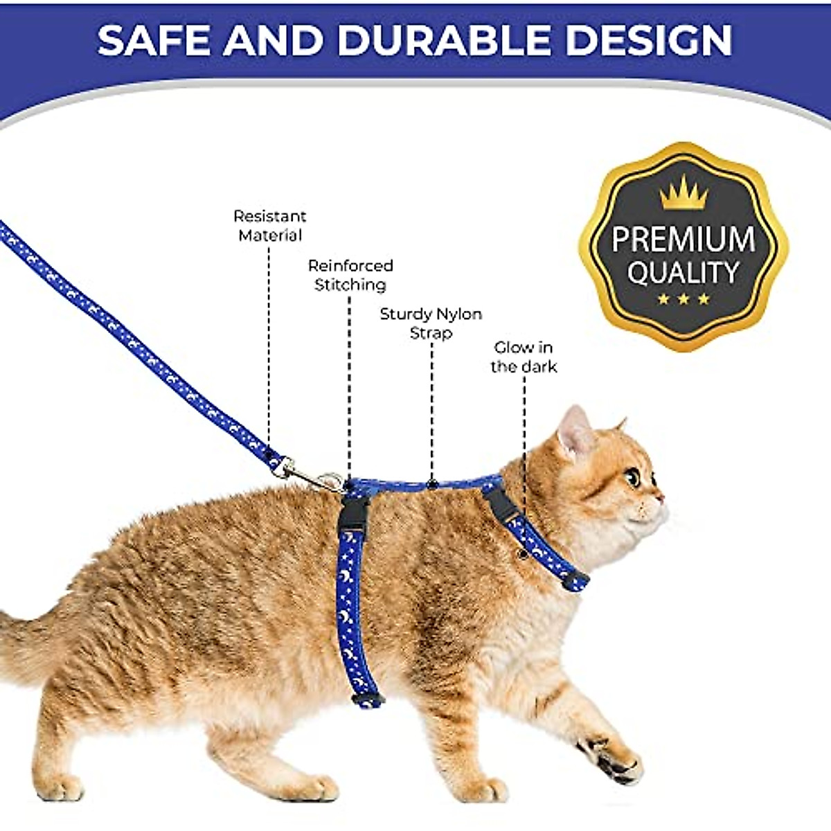 Cat Harness with Leash, 3-Pack, Unique Stars Moon and Paw Heart Design, Escape Proof, Walking, Small Medium Large, Black, Red, Blue, Adjustable, Safe, Set of 3
