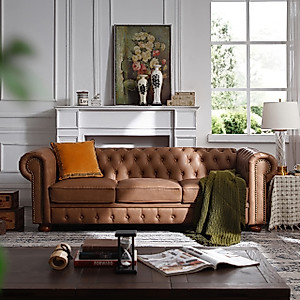 FANYHOME Futon Bed Designs Faux Leather Upholstered 3-Seater Living Room Button and Copper Nail on Arms, Classic Chesterfield Sofa, Brown
