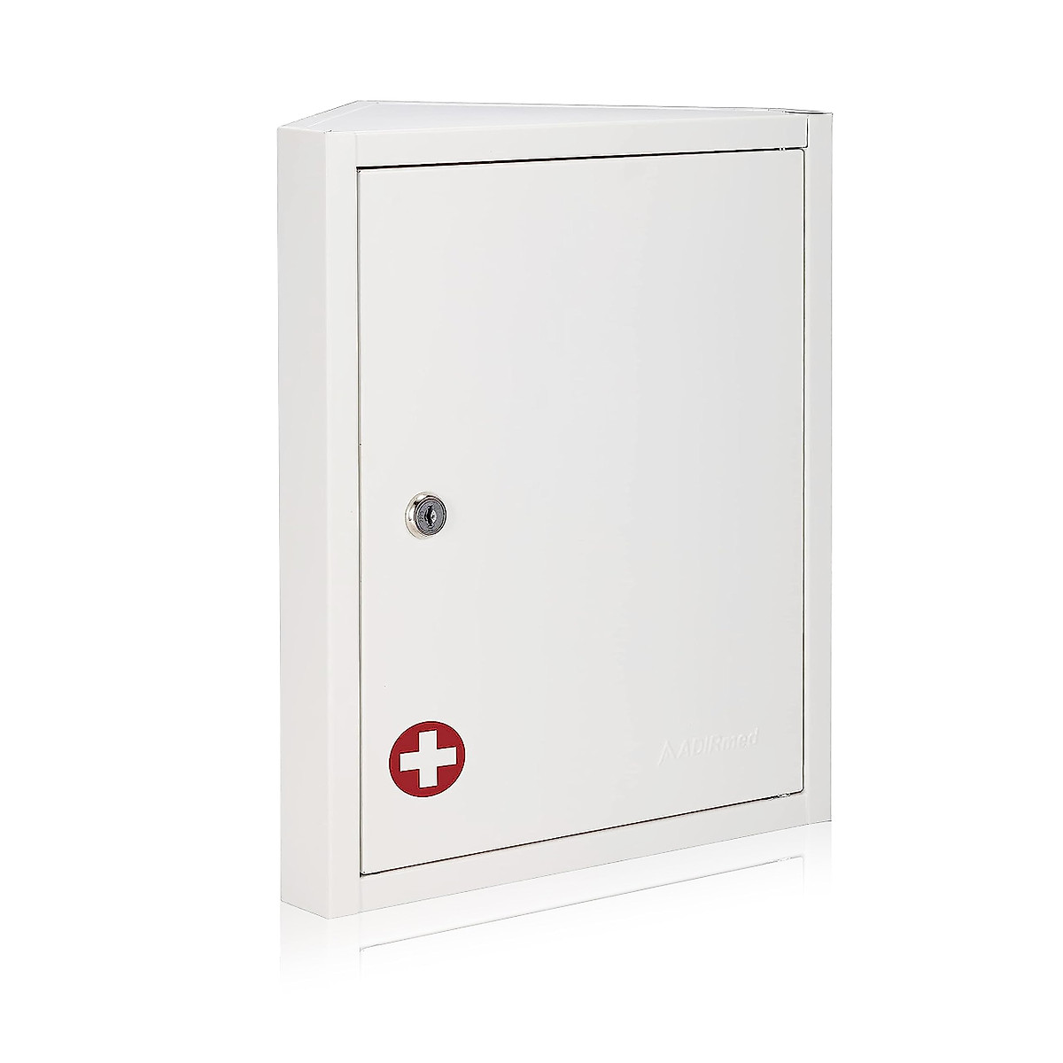 AdirMed Locking Corner Medicine Cabinet, Wall Mounted First Aid Corner Cabinet with Lock, Lockable Corner Wall Medicine Cabinet, 14.96" H x 14.96" W x 7.09" D