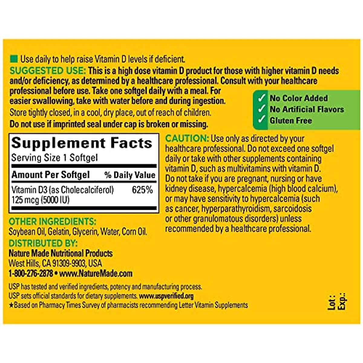 Nature Made Extra Strength Vitamin D3 5000 IU (125 mcg), Dietary Supplement for Bone, Teeth, Muscle and Immune Health Support, 360 Softgels, 360 Day Supply