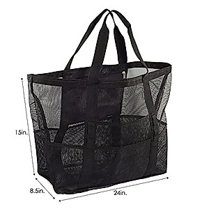 Mesh Beach Tote - Large Vacation & Travel Essentials Black Beach Bag, Foldable & Washable Lightweight Woven Summer Must Haves Swim Tote for Pool, Towels, Clothes, Food, Drinks, Necessities - 24x15x8.5