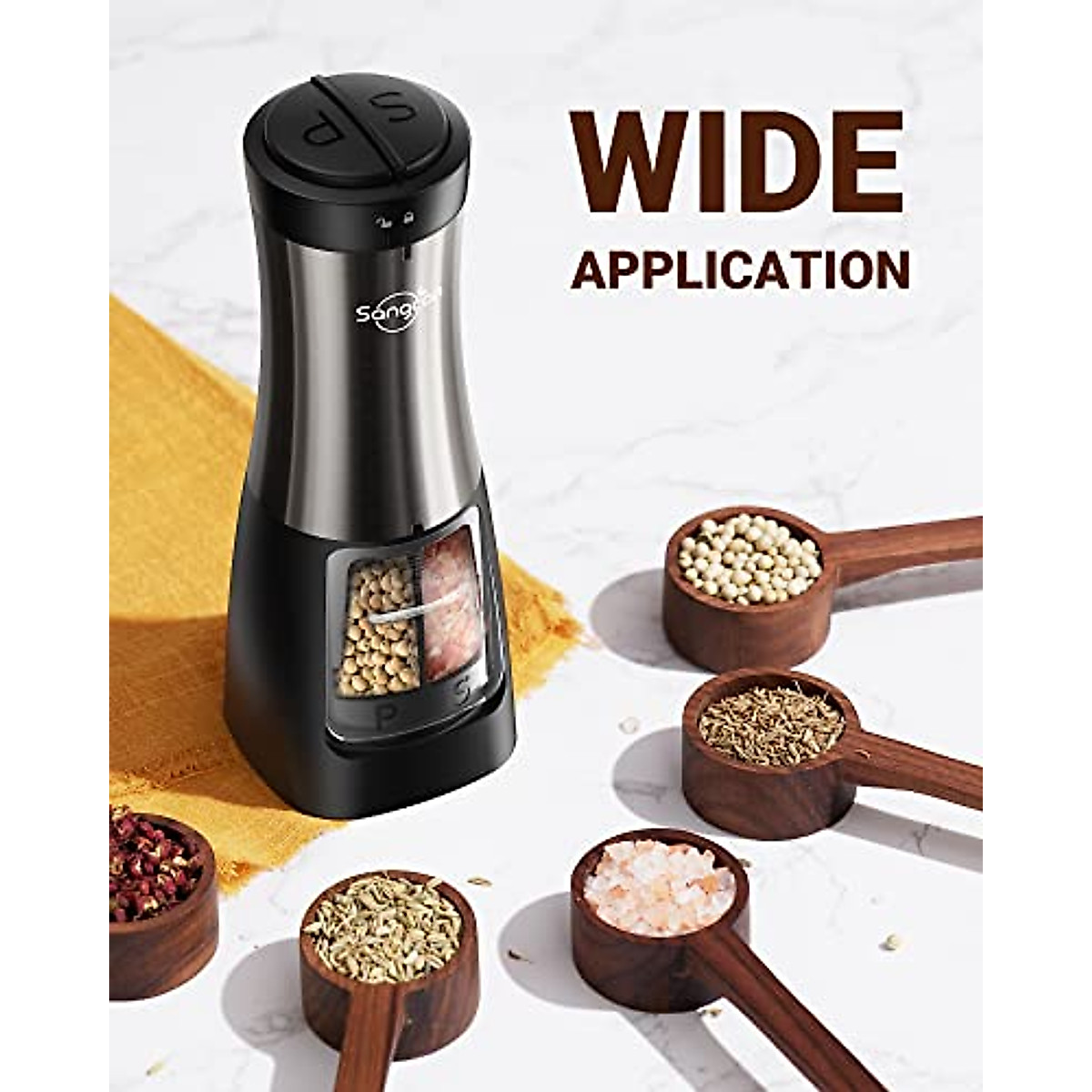 Sangcon 2 in 1 Electric Salt and Pepper Grinder Set, Battery Powered Salt and Pepper Mill, Automatic One-Handed Operation Refillable Grinder with Light, Adjustable Ceramic Grinders, Metallic Gunmetal