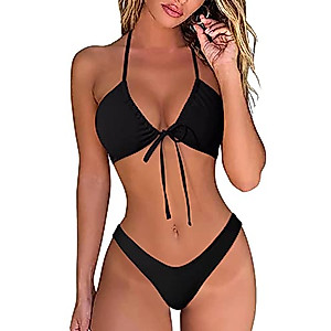 OMKAGI Sexy Thong Bikini Set for Women Swimsuit Push Up String Brazilian Bathing Suits(M, Black)