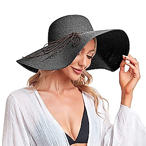Women Wide Brim Straw Hats,Folable Floppy Sun Hats for Women Uv Protection,Summer Beach Packable Sun Hats UPF 50+ Black