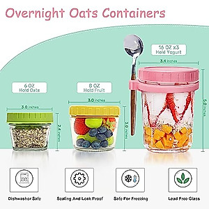 TTrpuon Overnight oats containers with lids glass and spoon,glass jars with lids, cereal cups to go, Breakfast On the Go Cups, Cups Set of 5