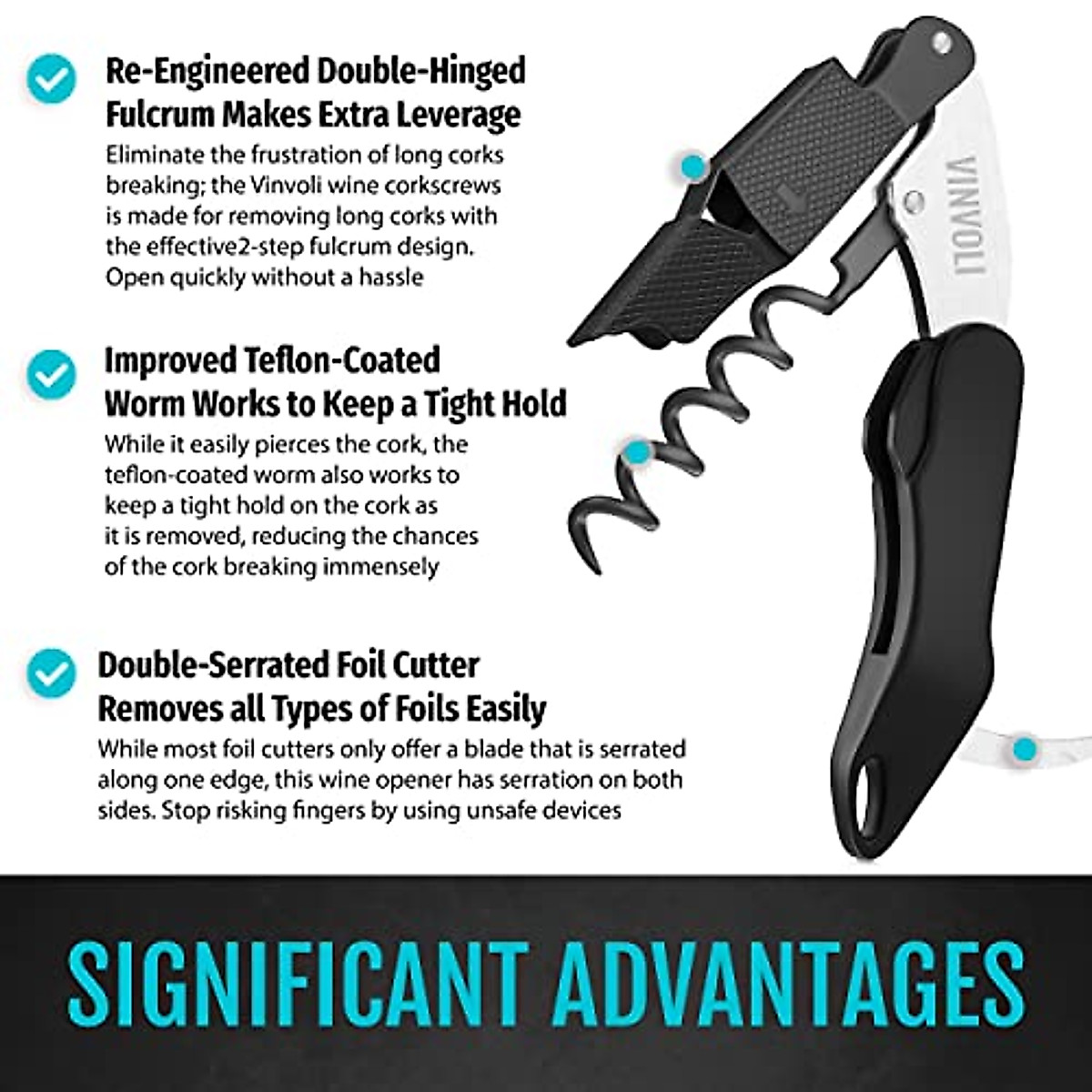 VINVOLI Professional Waiters Corkscrew Wine Bottle Opener - New 2023 Multi-Functional 3-in-1 Cork Screw Wine Bottle Openers - Wine Opener Corkscrews - Cool Beer Opener Wine Key With Wine Foil Cutter