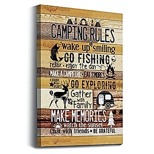 Camping Rules Make Memories Wood Grain Pattern Wall Art Prints Artwork Decor for Camper Themed Canvas Wall Art Prints,RV Outdoor Living Room Home Decorations,11"x14"