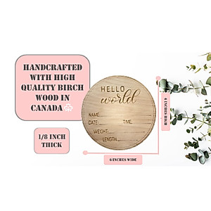 2OWLS Baby Birth Announcement Disc, Baby Birth Stat Plaque, Size 6" X 6", "Hello World" Newborn Sign. Baby Photography Prop and Keepsake. A Wooden Boho Baby Nursery.